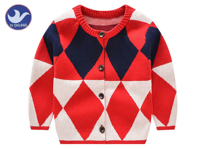 Diamond Jacquard Boys Cardigan Sweater Round Neck Contrast Color Kid Knitwear