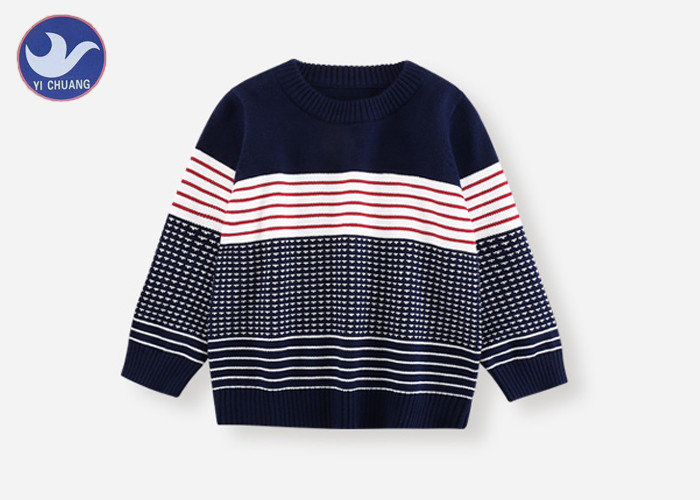 Boys Crew Neck Sweater , Boys Red And Black Striped Jumper Comfortable Multi - Colored