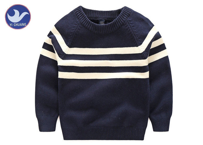 Stripes Reglan Sleeves Boys Knit Pullover Sweater , Boys Cable Knit Jumper Navy Blue