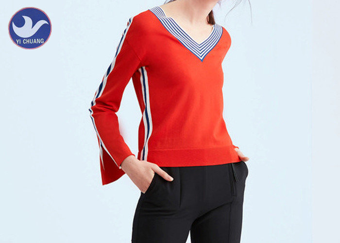 Stripes V Neck Pullover Sweater Women's , Long Sleeve Knit Sweater Raw Roll Edge Slit Cuff Jumper