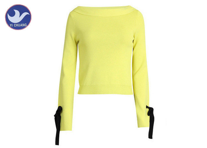 Lapel Boat Neck Womens Knit Pullover Sweater Lace Up Slit Cuff Viscose Nylon Top