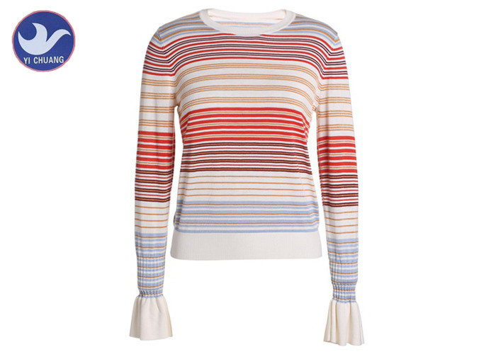 Young Girl Trumpet Cuff Womens Knit Pullover Sweater Multi Color Stripes Apparel