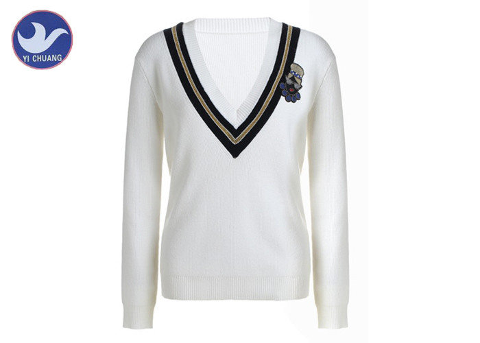 Deep V Stripes Neck Womens Knit Pullover Sweater Cartoon Embroidered Patch College Style