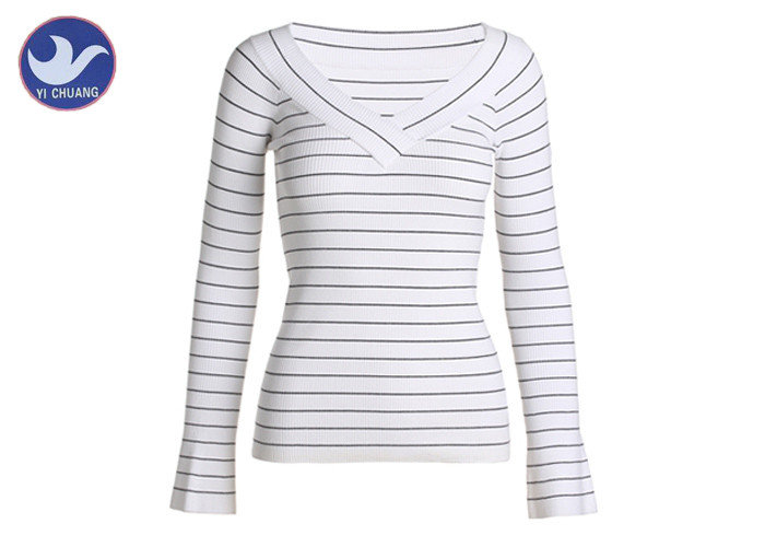 Big V Neck Womens Knit Pullover Sweater Ribs Stripes Small Trumpet Cuff  Spring Knitwear