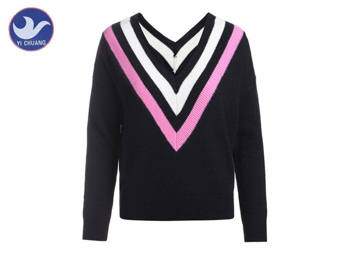 Hot Preppy Style Womens Knit Pullover Sweater Stripes Double Big V Neck Jumper Top