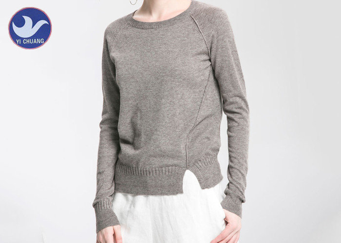 Side Vent Fashion Cutting Womens Knit Pullover Sweater Crew Neck Long Sleeves Top