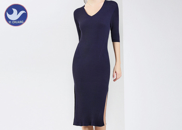 Half Sleeves Womens Knitted Dresses , V Neck Jumper Dress / Knit Dress Welt Side Vent 