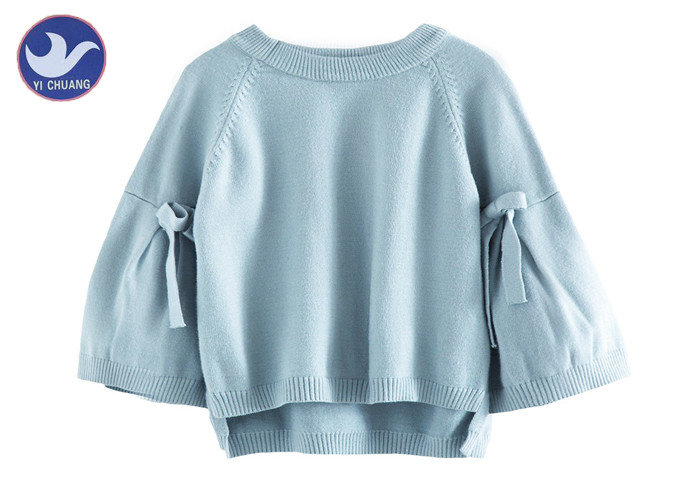 Big Sleeves Loose Knit Girls Pullover Sweaters Butterfly Knot Light Blue Color