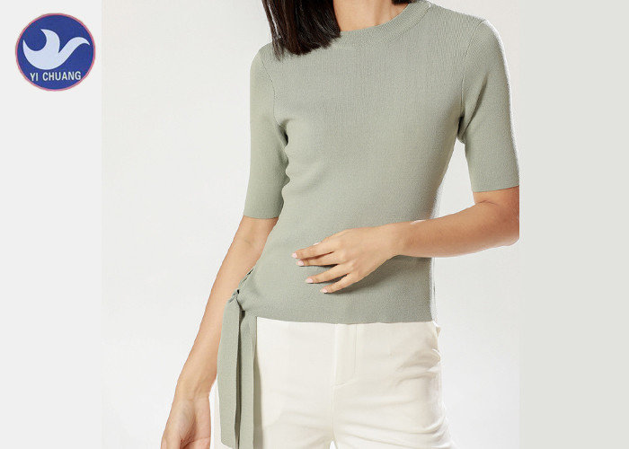 Half Sleeves Women's Cotton Pullover Sweaters Band Decoration On Welt Top