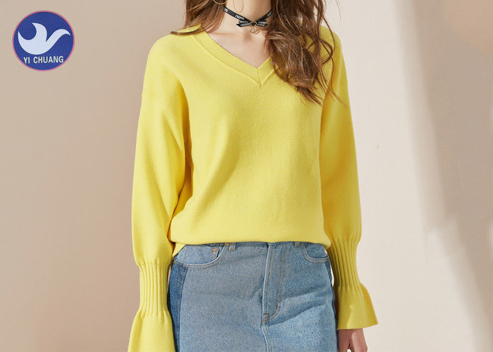 Candy Color Trumpet Cuff Womens Knit Pullover Sweater / Ladies V Neck Jumper