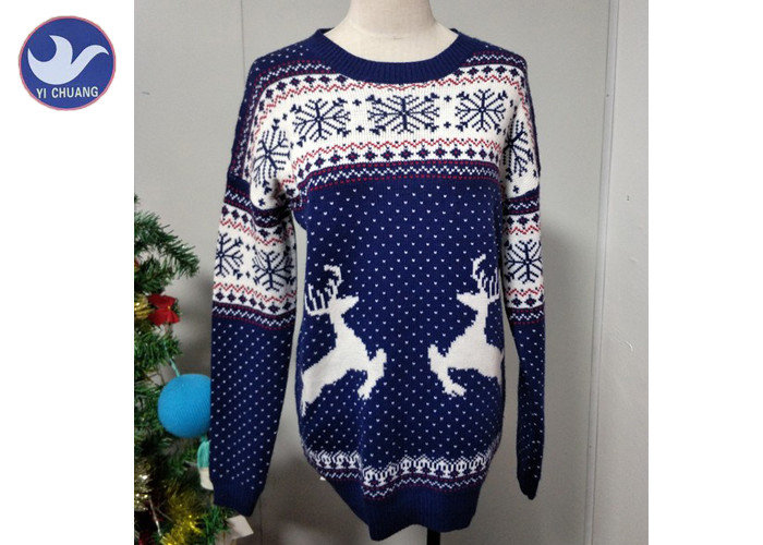 Cotton Or Acrylic Womens Knit Pullover Sweater With Winter Snow Reindeer Pattern