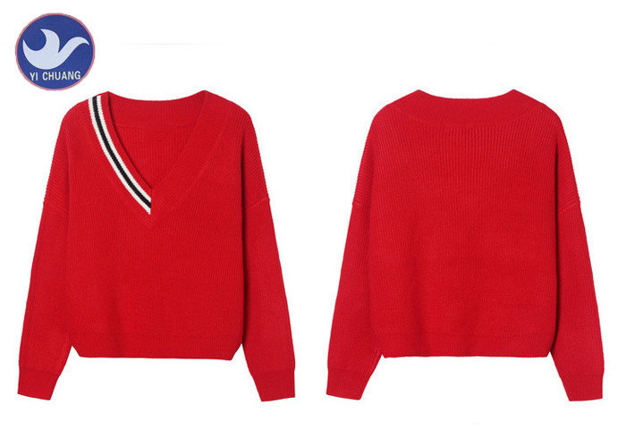 Chinese Red Womens Knit Pullover Sweater Half Striped V Neck  Half Cardigan Knitting