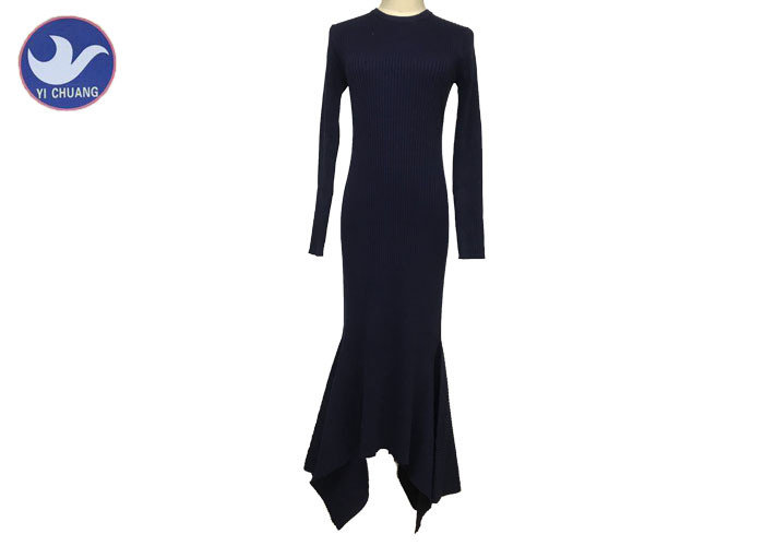 Full Rib Women Knitted Dress Stylish 2 Side Panel Set In Crew Neck Long Sleeves