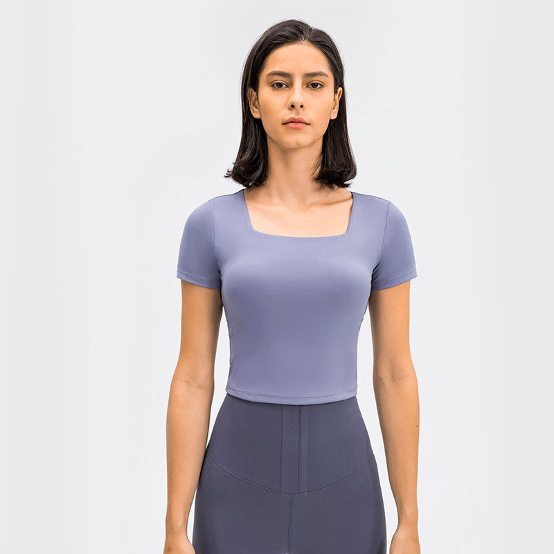 Short Sleeves Square Neck Breast Pad Elegant Women Fitness Shirt Yoga Wear Tshirt Tops Sport Workout Shirts