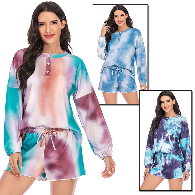 Fashion Tie Dye Pajamas Two Piece Set Sleepwear Long Sleeve And Shorts Ladies Loungewear