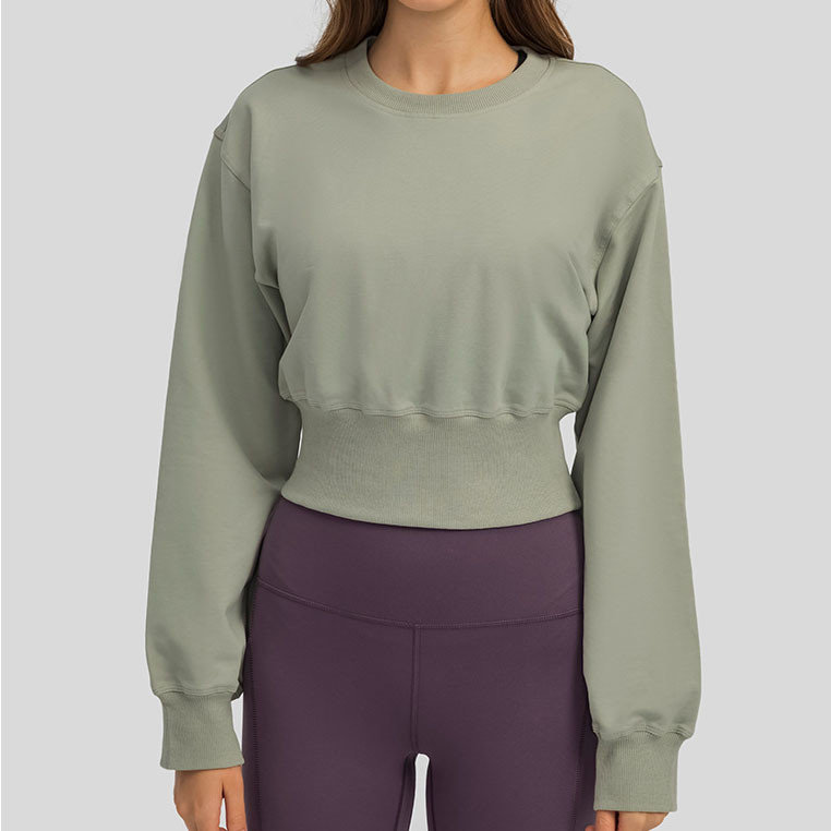 Cotton Fashion Cut And Sew Loose Fitness Crop Top Women Crew Neck Workout Sweatshirt