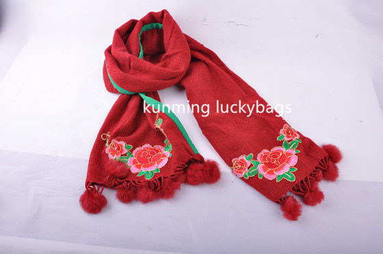 National wind hijab scarf with pompoms tassel fashion ladies' cotton winter scarf with embroidery