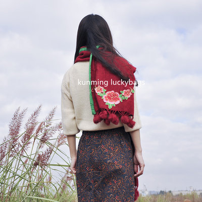 National wind hijab scarf with pompoms tassel fashion ladies' cotton winter scarf with embroidery