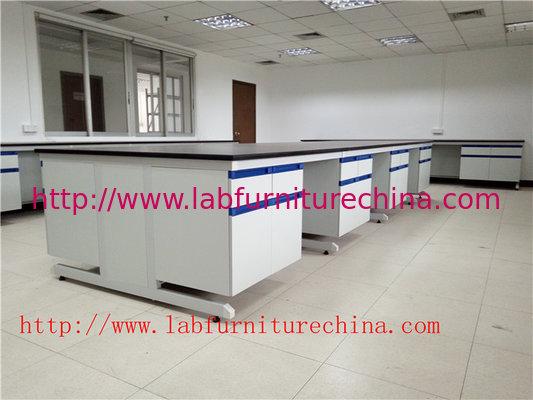 3750 mm  Wood Frame Blue /  White Science Lab Testing Tables Furniture For High School Lab supplier