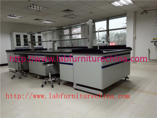 3750 mm  Wood Frame Blue /  White Science Lab Testing Tables Furniture For High School Lab supplier