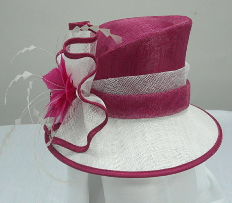 Burgendy / White Sinamay Ladies Hats Feather Trim With 3cm Satin Sweatband