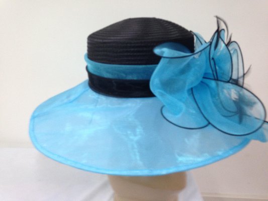 Polyester Braid / Mesh Organza Hat Black / Turquoise With Organza Trimming