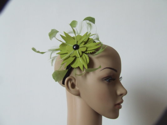 Wedding Ladies Fascinator Hats Green Lime Wool With Feathers Trim