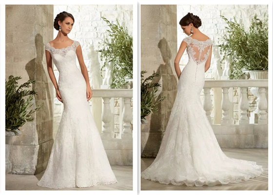Elegant Layered Fit And Flare Wedding Gown Corset Seaming Style Sheer Back