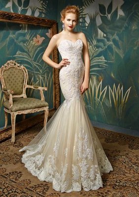 Champagne Color Sweetheart Strapless Cheap Lace Up Elegant Mermaid Lace Wedding Dress