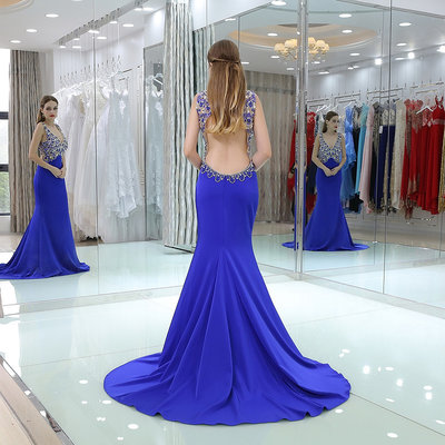 Long Chiffon Blue Prom Dresses , Sequins Mermaid Evening Prom Dresses
