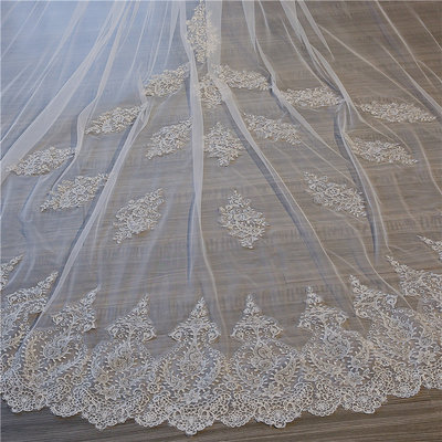 2T Long Lace Veil Bridal Gown Accessories With Machine And Handmade Embroidery