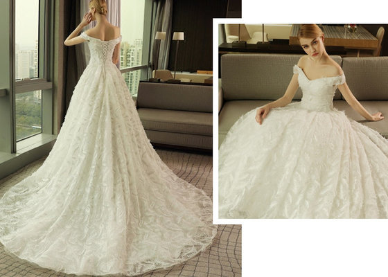 Shoulder Length Trailing Court Wedding Clothes For Women , Fashion Feather V Collar