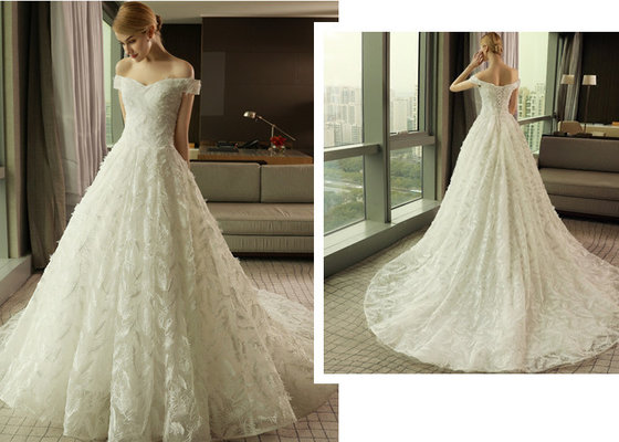 Shoulder Length Trailing Court Wedding Clothes For Women , Fashion Feather V Collar