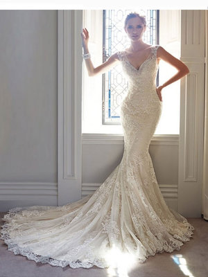 Sexy Deep V Mermaid Tail Wedding Dress , Handmade Lace Wedding Gowns For Womens