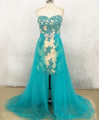 Appliqued Beaded Tulle Sweetheart Column Fitted Wedding Dresses , Detachable Prom Dresses