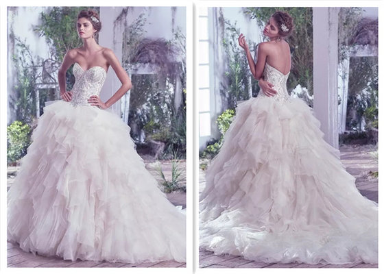 Vestido de bola blanco del cordón del volante con gradas/vestidos de boda hechos reales del tamaño extra grande