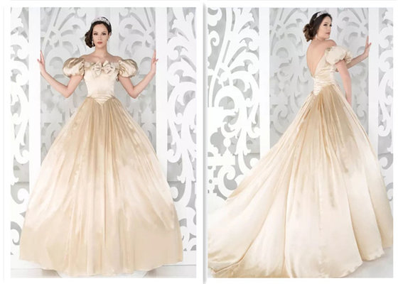 Moderno de los vestidos de boda del estilo del vestido de bola del hombro con la manga capsulada de la cola larga