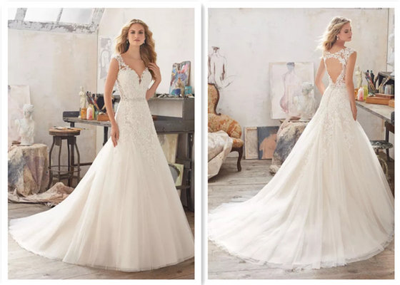 V - Cuello una línea vestidos de boda del estilo con el tren de la catedral de los Appliques