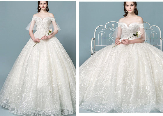 Vestidos de boda del vestido de la princesa bola del hombro de Champán del cordón para casarse a la novia