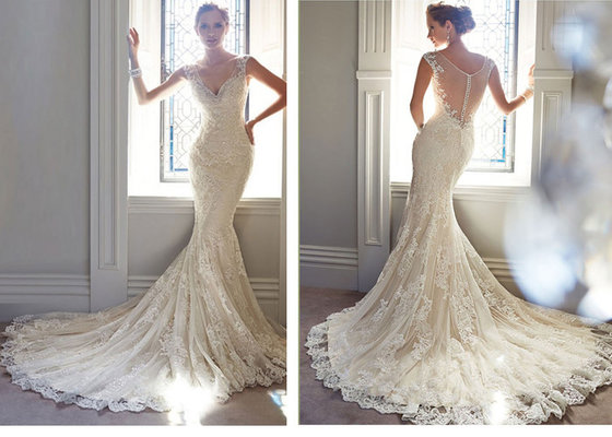 Vestido de boda profundo atractivo de la cola de la sirena de V, vestidos de boda hechos a mano del cordón para mujer