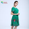 Short Sleeve Waist Green Ladies Cotton Dresses , Floral Cotton House Dresses