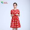 Retro Style Pattern Red Cotton Dress , Ladies Summer Dresses With Short Sleeves