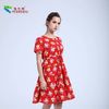 Retro Style Pattern Red Cotton Dress , Ladies Summer Dresses With Short Sleeves