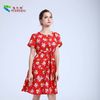 Retro Style Pattern Red Cotton Dress , Ladies Summer Dresses With Short Sleeves