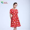 Retro Style Pattern Red Cotton Dress , Ladies Summer Dresses With Short Sleeves