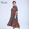 Peony Flower Printed Long Cotton Summer Dresses With Stand Neckline