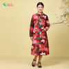 Red Cotton Winter Coats , Cotton Padded Floral Print Coats Chinese Style