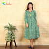 Green Bottom White Flower Simple Long Sleeve Dresses Pull Rope To Collect Waist Design