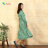 Green Bottom White Flower Simple Long Sleeve Dresses Pull Rope To Collect Waist Design