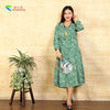 Green Bottom White Flower Simple Long Sleeve Dresses Pull Rope To Collect Waist Design